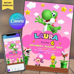 Editable Yoshi Birthday Party Invitation for Girls Yoshi Mario Digital ...