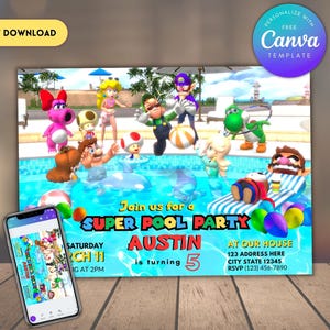 Editable Super Mario Birthday Pool Party Invitation Mario Digital ...