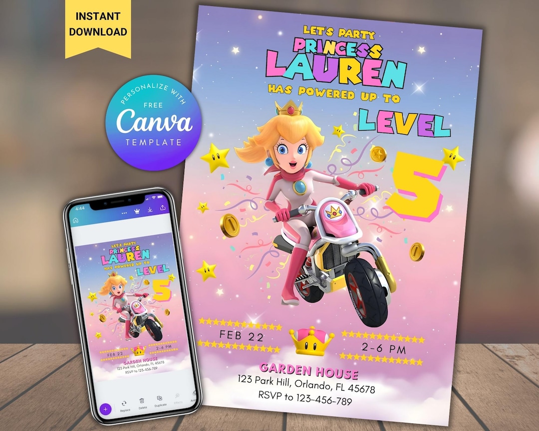 Princess Peach Birthday Invitation: Editable Girl Party Template ...