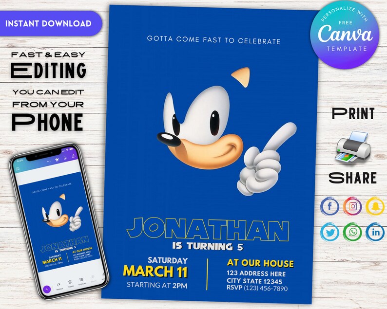 Editable Sonic Birthday Invitation Digital Template Sonic - Etsy