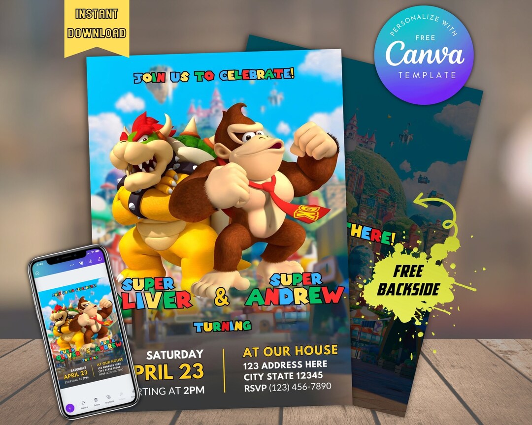 Editable Donkey Kong and Bowser Siblings Birthday Joint Party ...