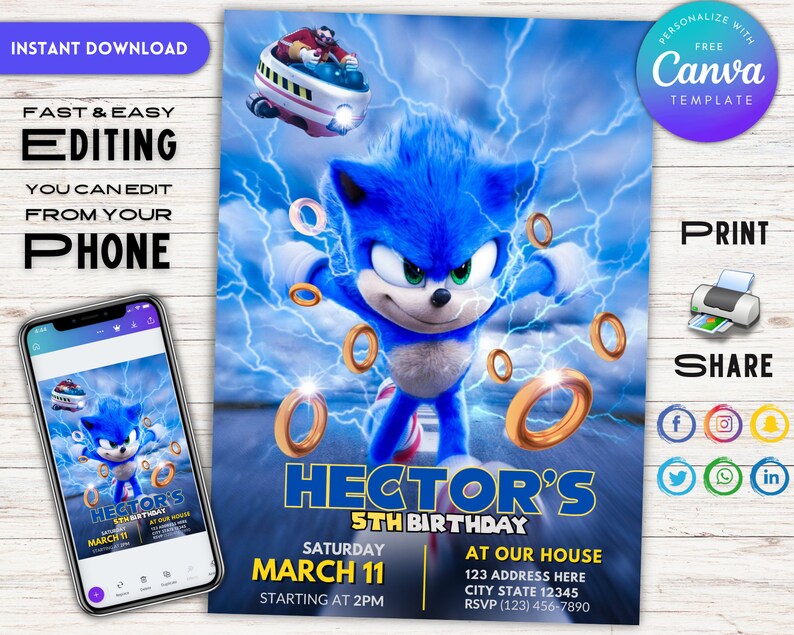 Editable Sonic Birthday Invitation Digital Template Sonic - Etsy