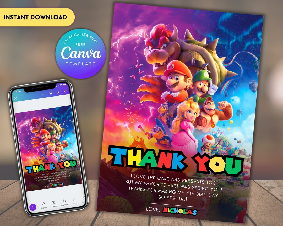 Super Mario Thank You Card / Mario Party Card / Mario Favor Card ...