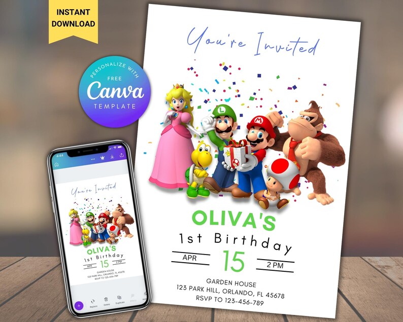 Editable Super Mario Birthday Party Invitation Canva Template, Mario ...