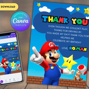 Super Mario Thank You Card / Mario Party Card / Mario Favor Card ...