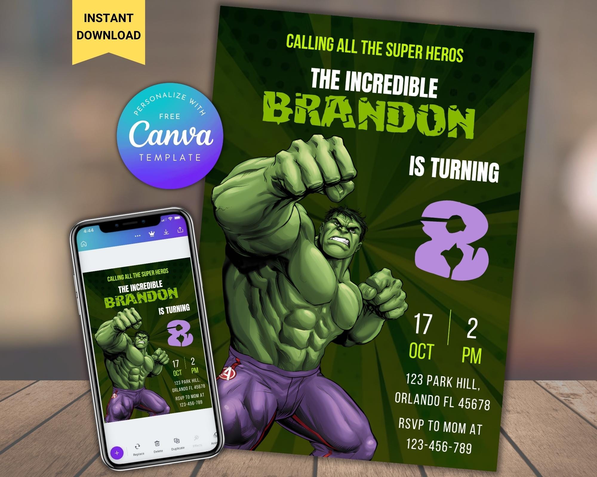 Editable Hulk Birthday Invitation: Superhero Party (canva Template ...