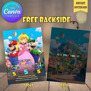 Editable Mario Peach Luigi Trio Birthday Invitation Party Announcement ...