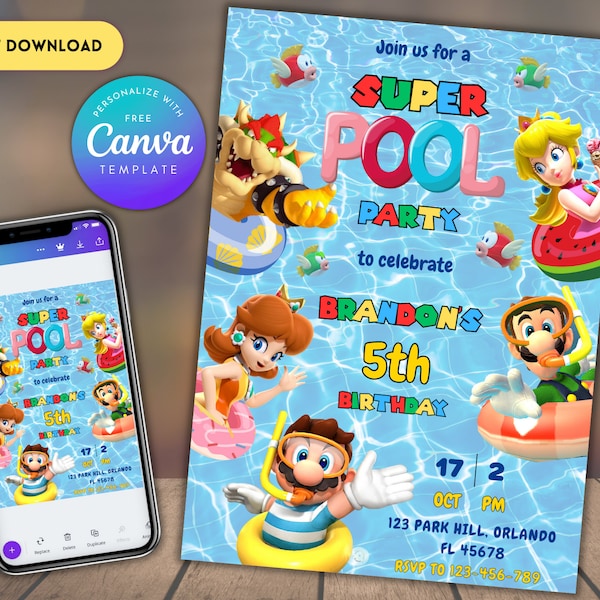 Mario Pool Birthday Invitations - Etsy