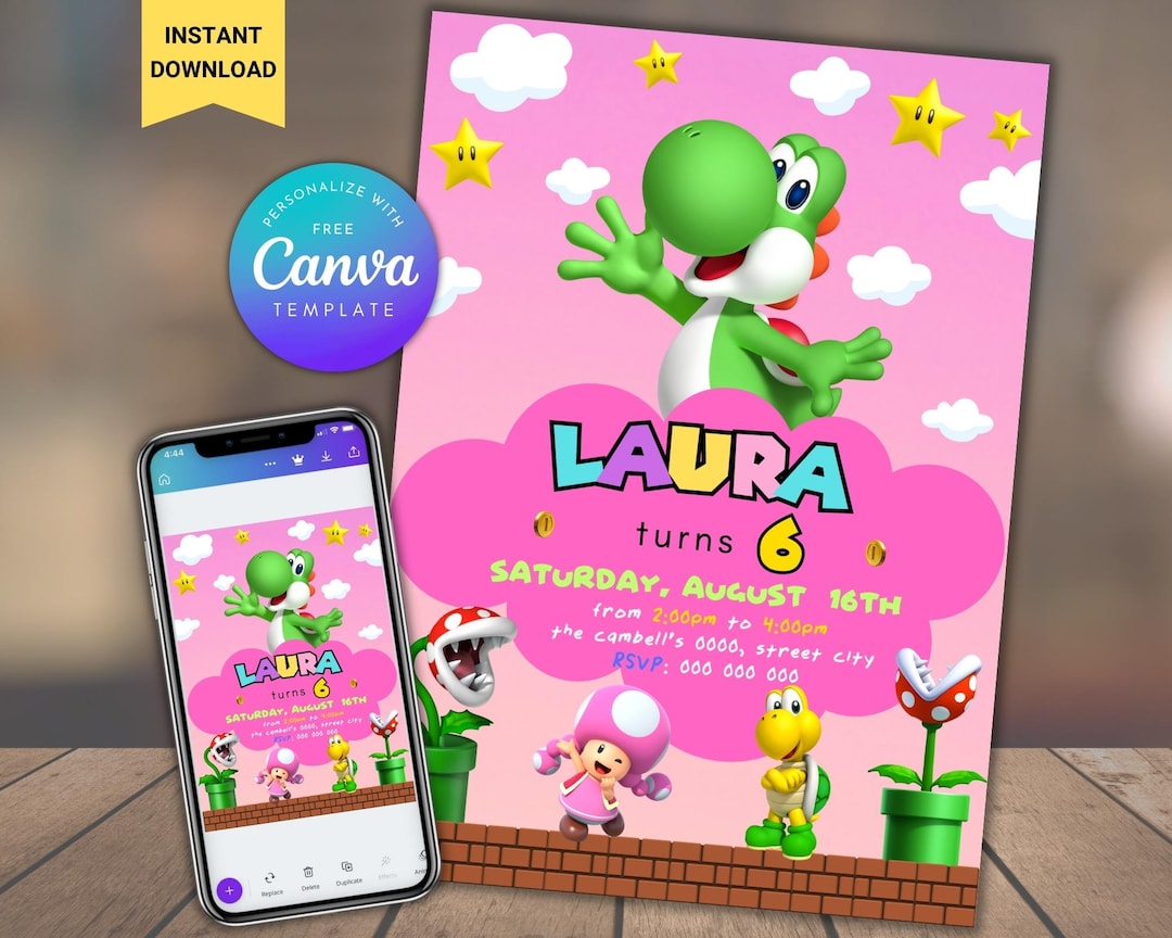 Editable Yoshi Birthday Party Invitation for Girls Yoshi Mario Digital ...