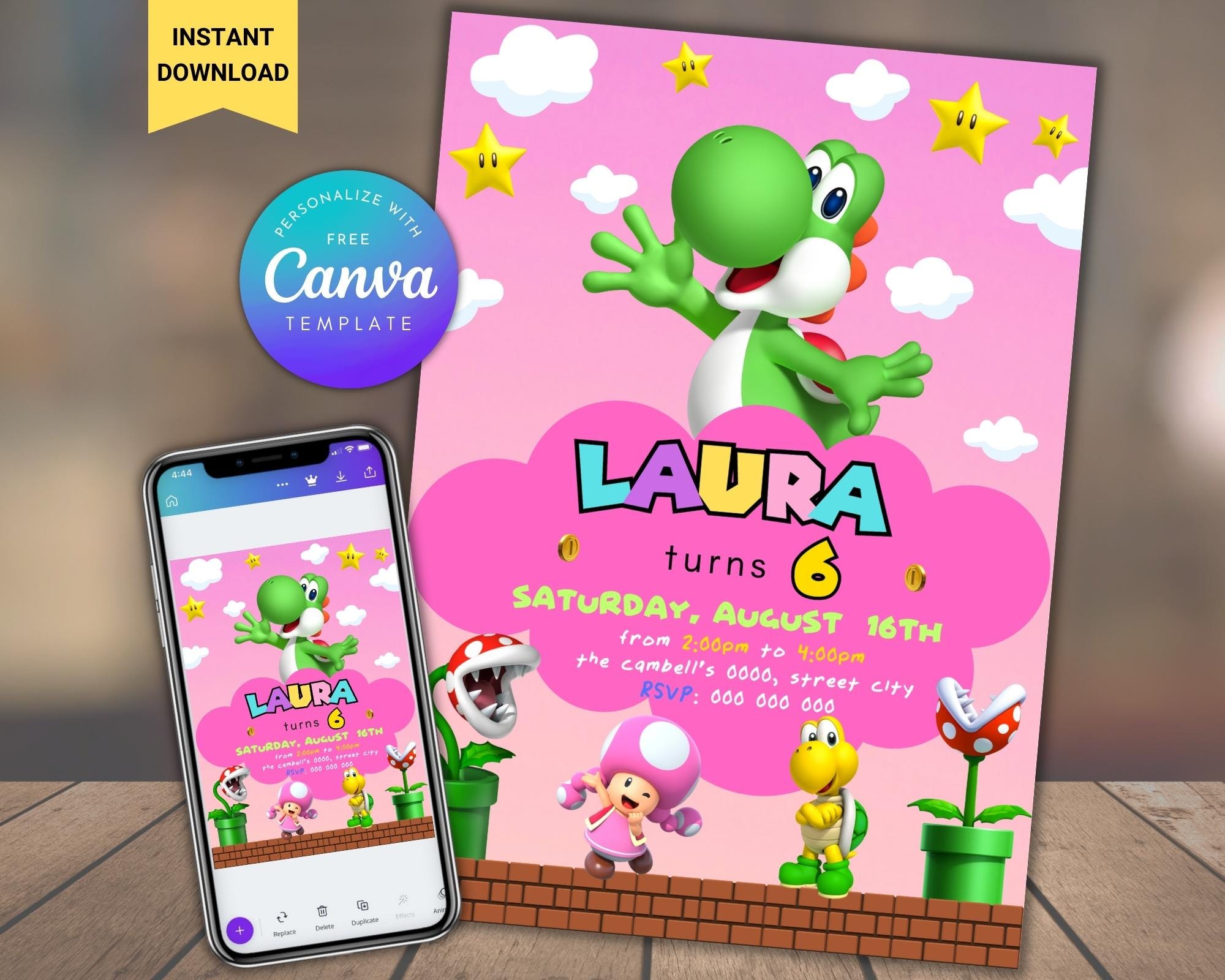 Yoshi Birthday Invitation for Girls: Editable Mario Party (digital ...
