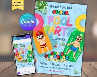 Mario Birthday Invitation Girl Boy Pool Party Editable Template Custom ...