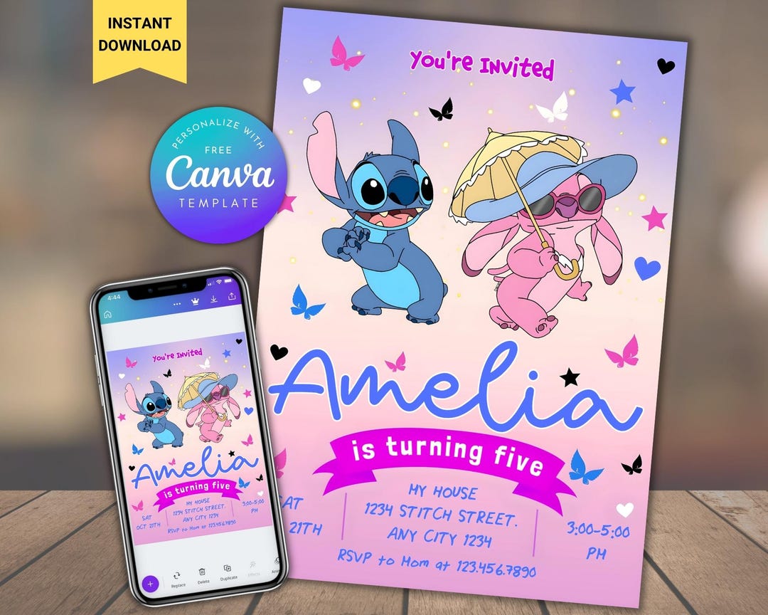 Editable Stitch and Angel Birthday Invitation Template, Cartoon ...
