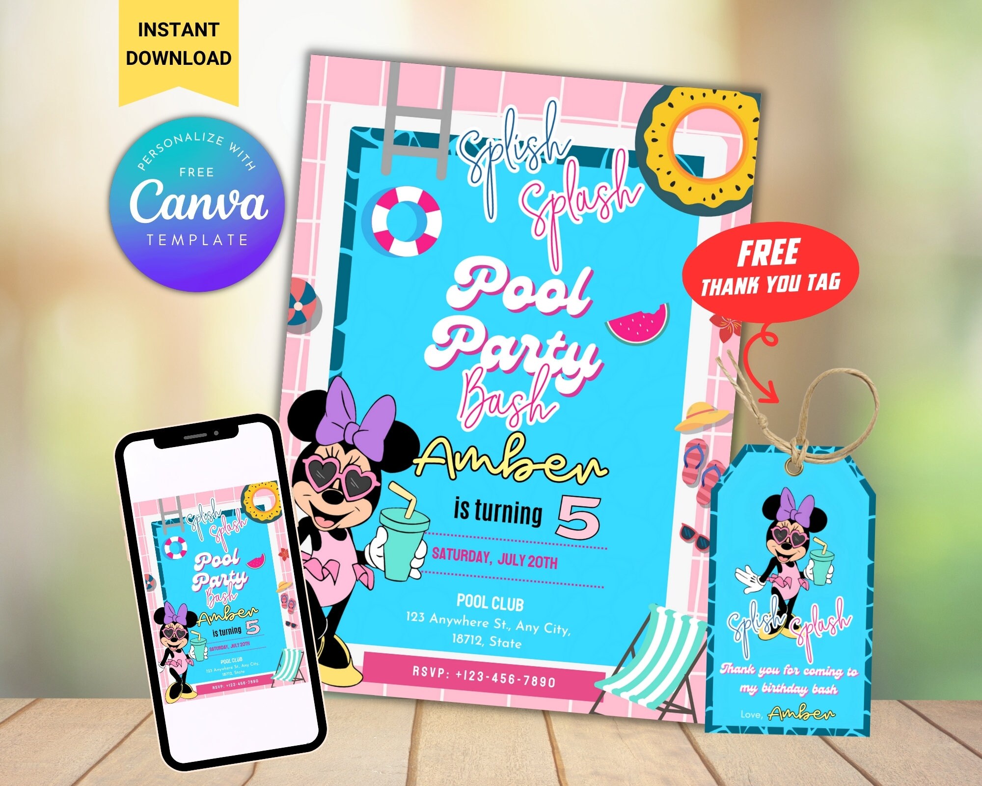 Editable Minnie Pool Party Birthday Invitation Canva Template With a ...