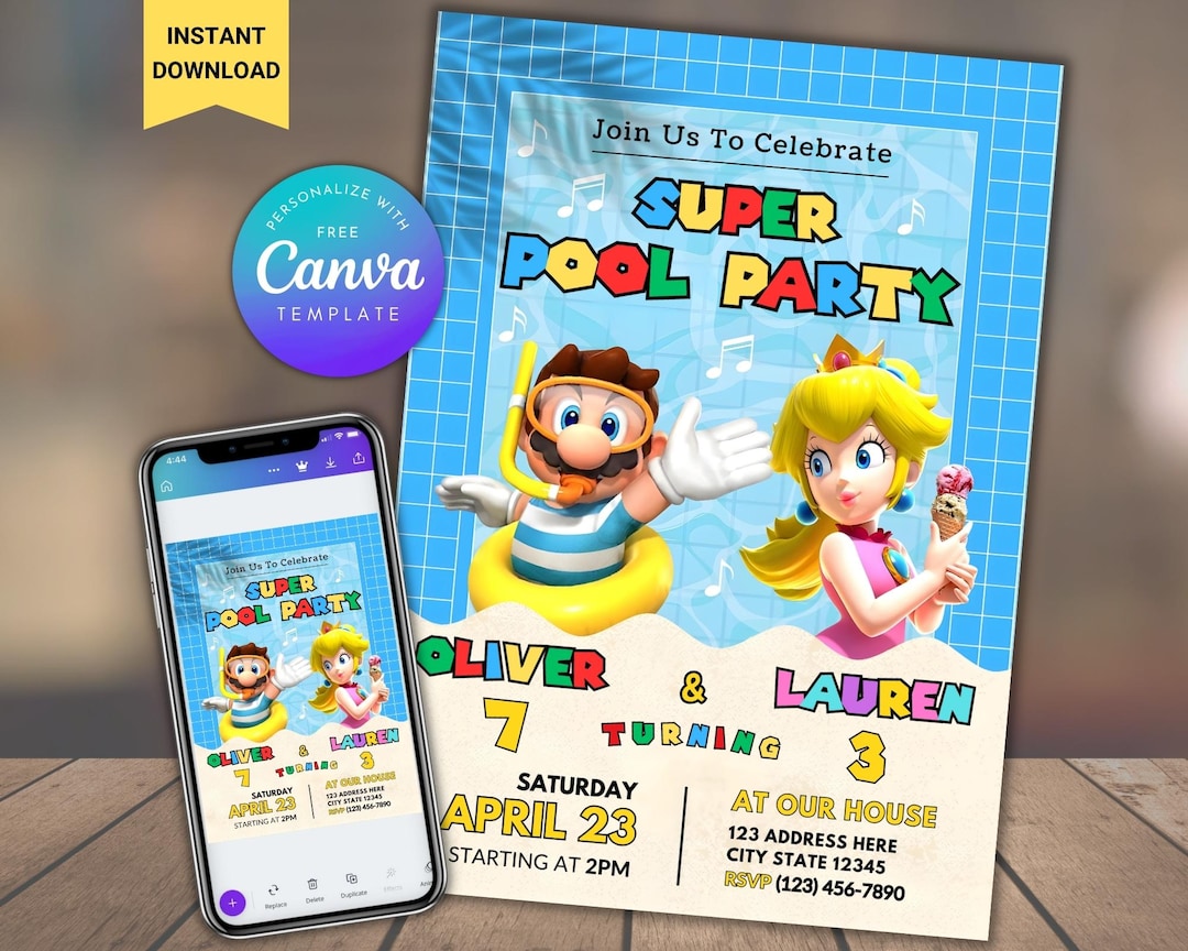 Super Mario Pool Party Invitation: Twins Birthday (digital Download) - Etsy