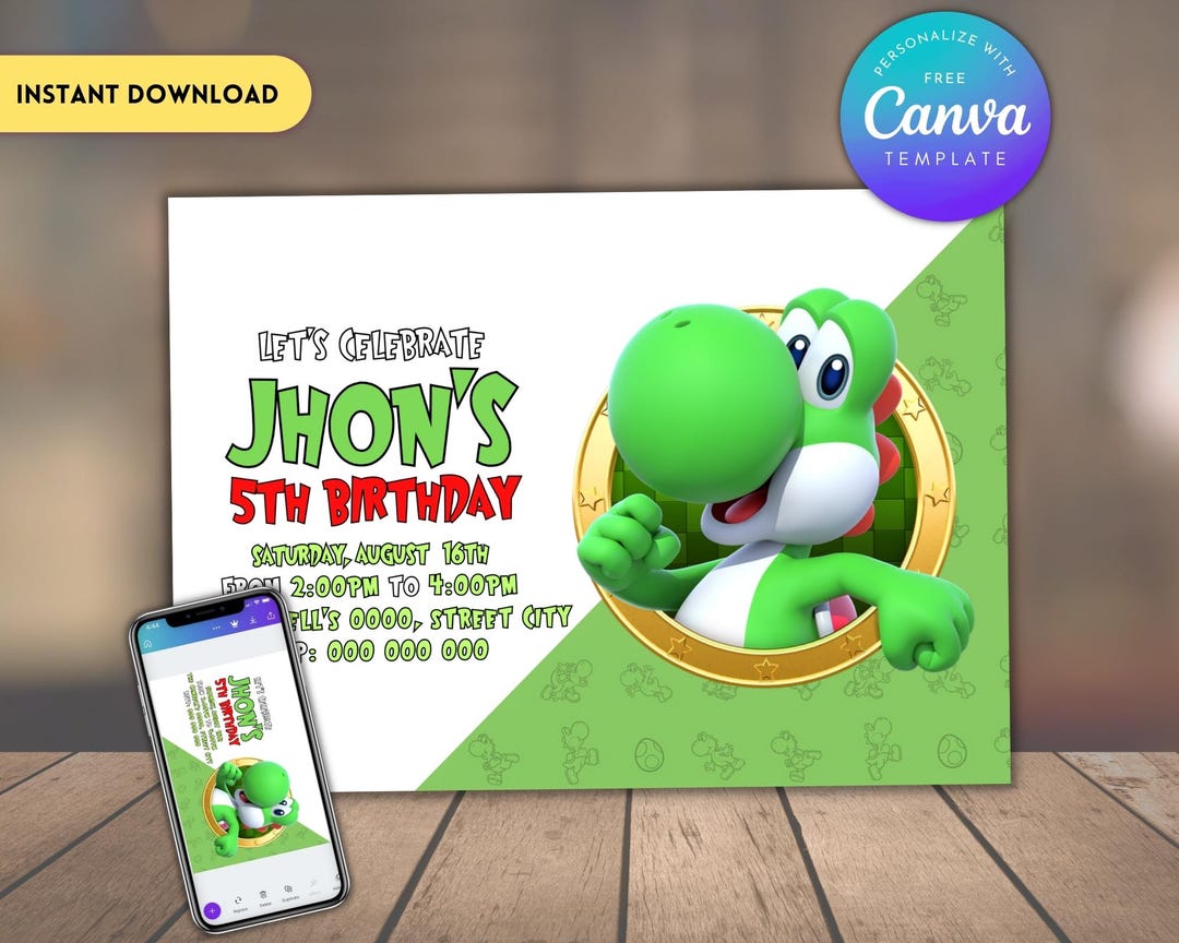 Yoshi Birthday Invitation for Girls: Editable Canva Template (digital ...