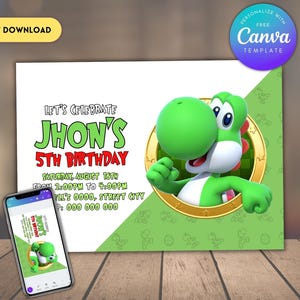 Yoshi Birthday Invitation for Girls: Editable Canva Template (digital ...