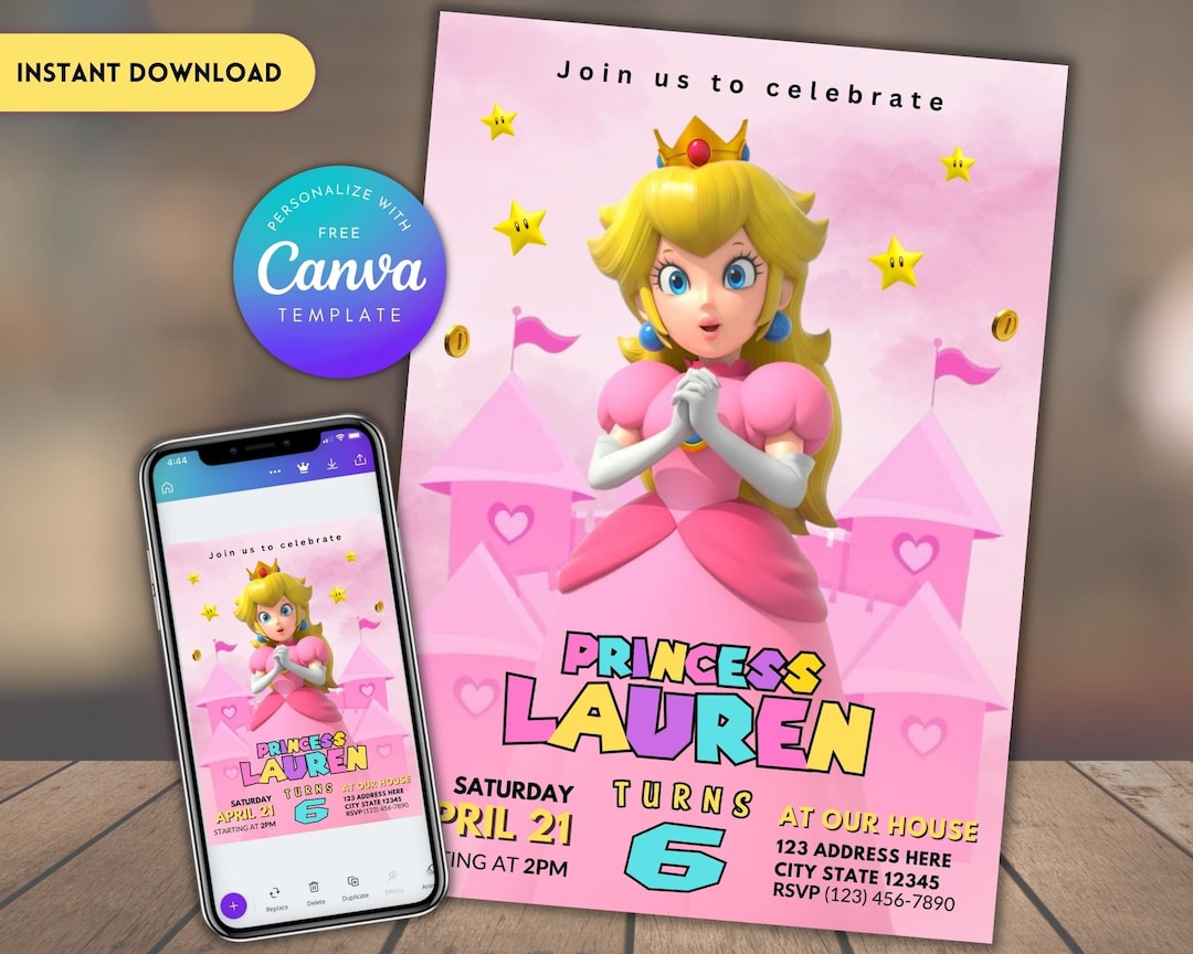 Invitación de cumpleaños editable de la princesa Peach Plantilla de ...