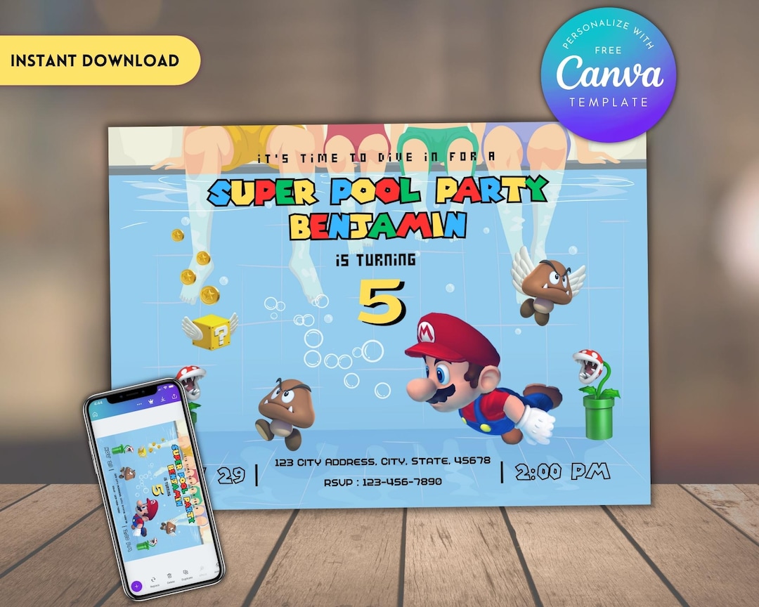 Editable Super Mario Birthday Pool Party Invitation Mario Digital ...