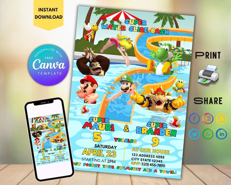 Super Mario Pool Party Invitation: Siblings Birthday (digital Template ...