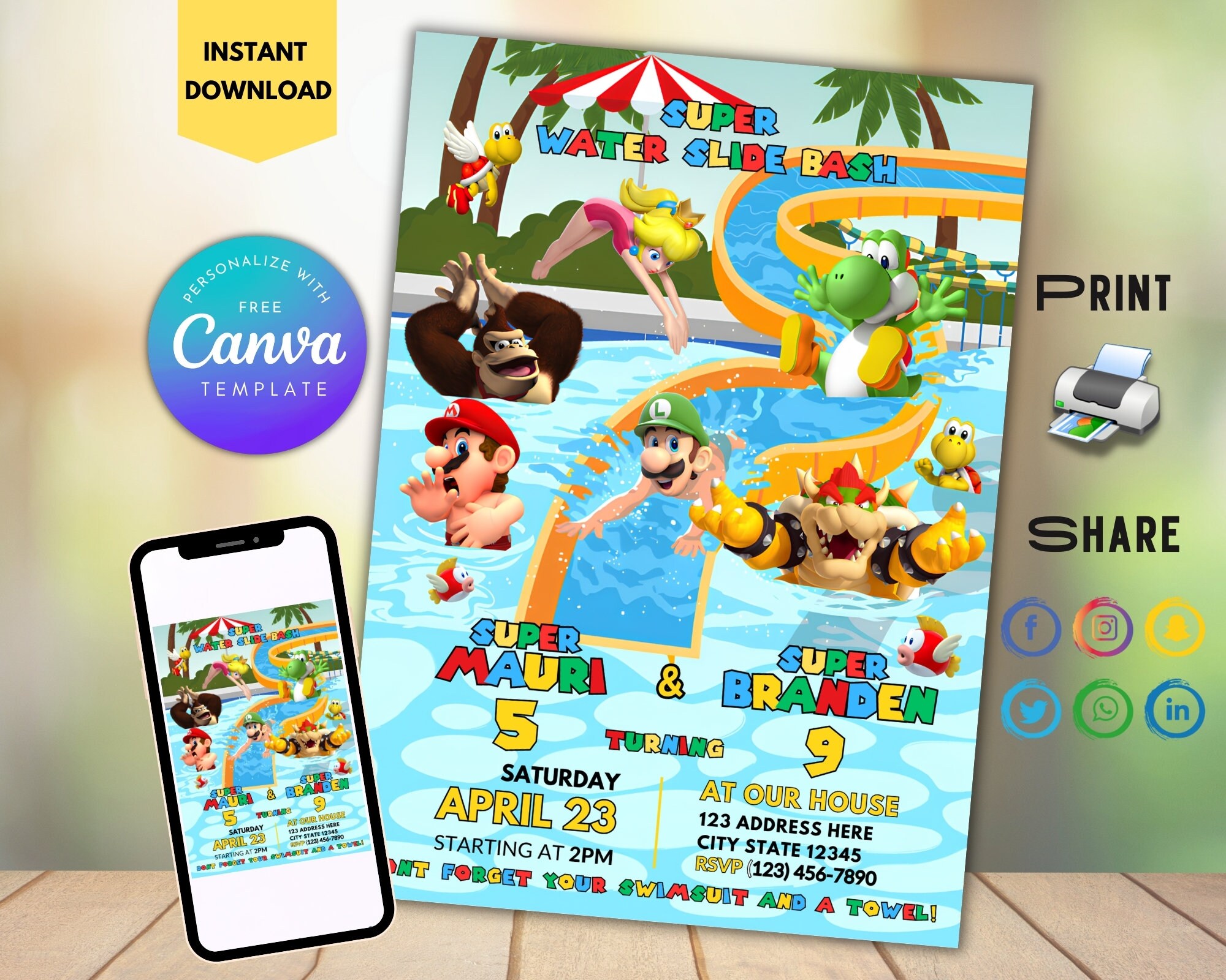 Editable Super Mario Siblings Birthday Waterslide Party Invitation ...