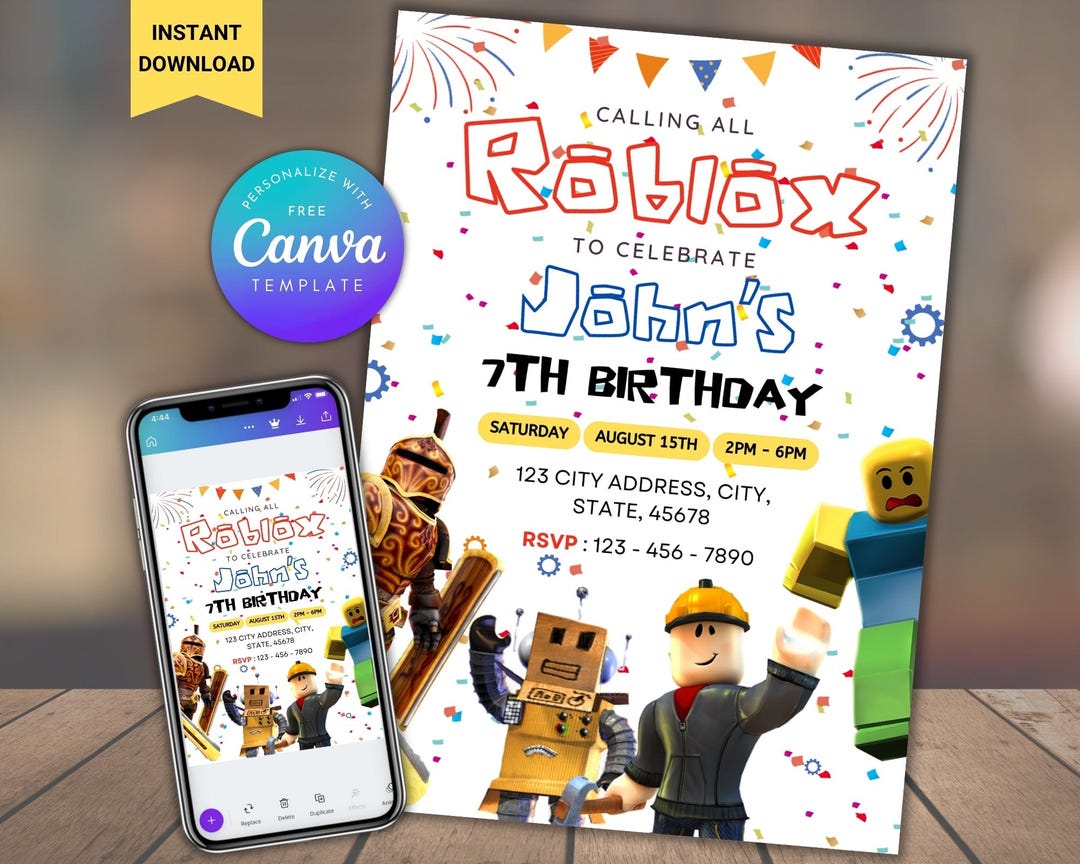 Plantilla de invitación de cumpleaños editable de Roblox: Tarjeta ...