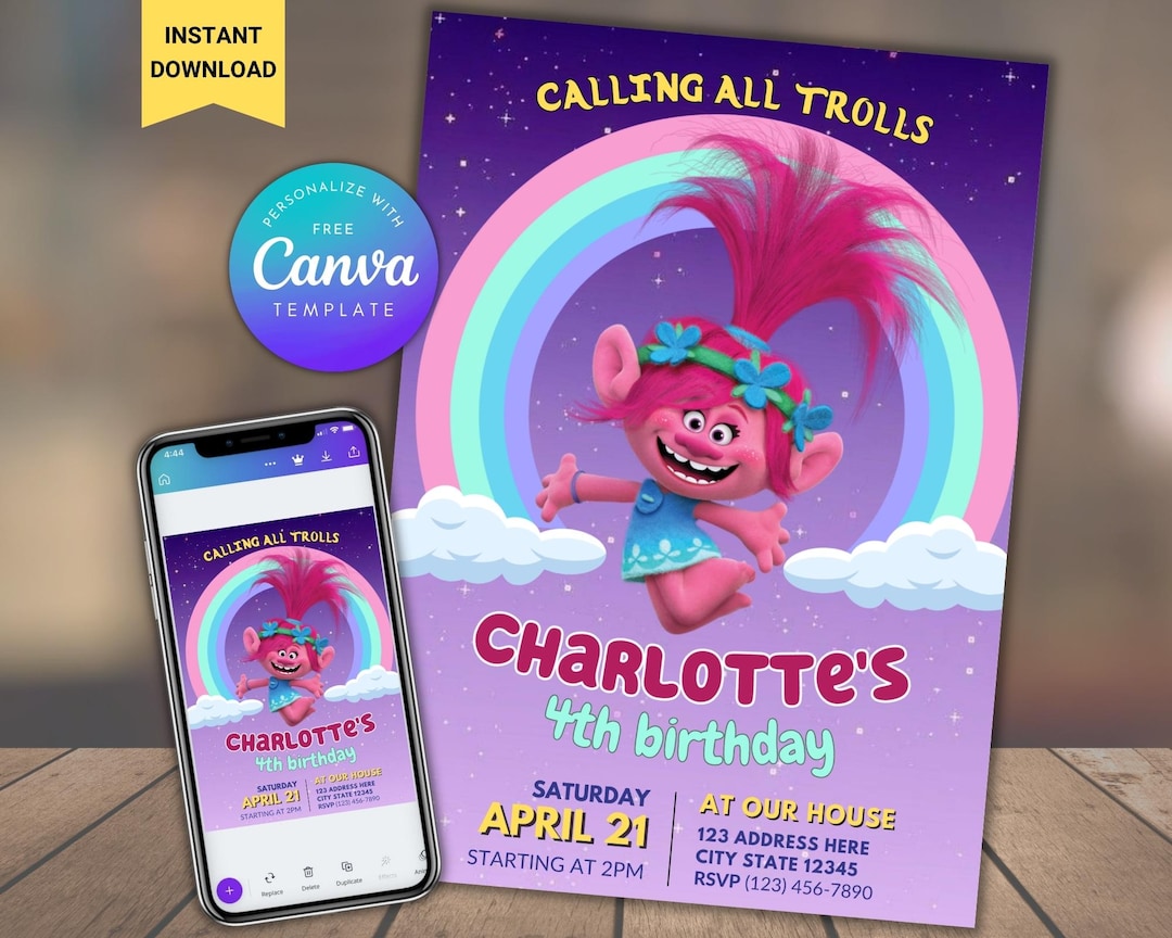 Editable Trolls Birthday Invitation | Girls Birthday Invitation ...