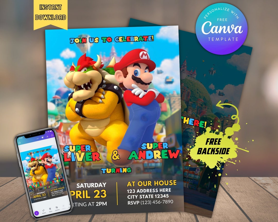 Editable Mario and Bowser Siblings Birthday Joint Party Invitation With ...
