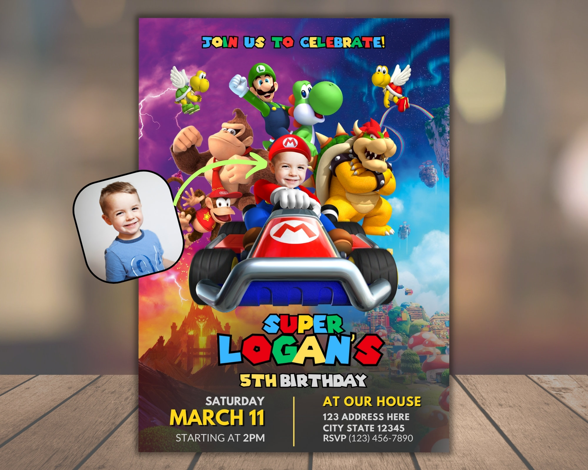 Super Mario Birthday Invitation With Photo (digital PDF/JPG) - Etsy