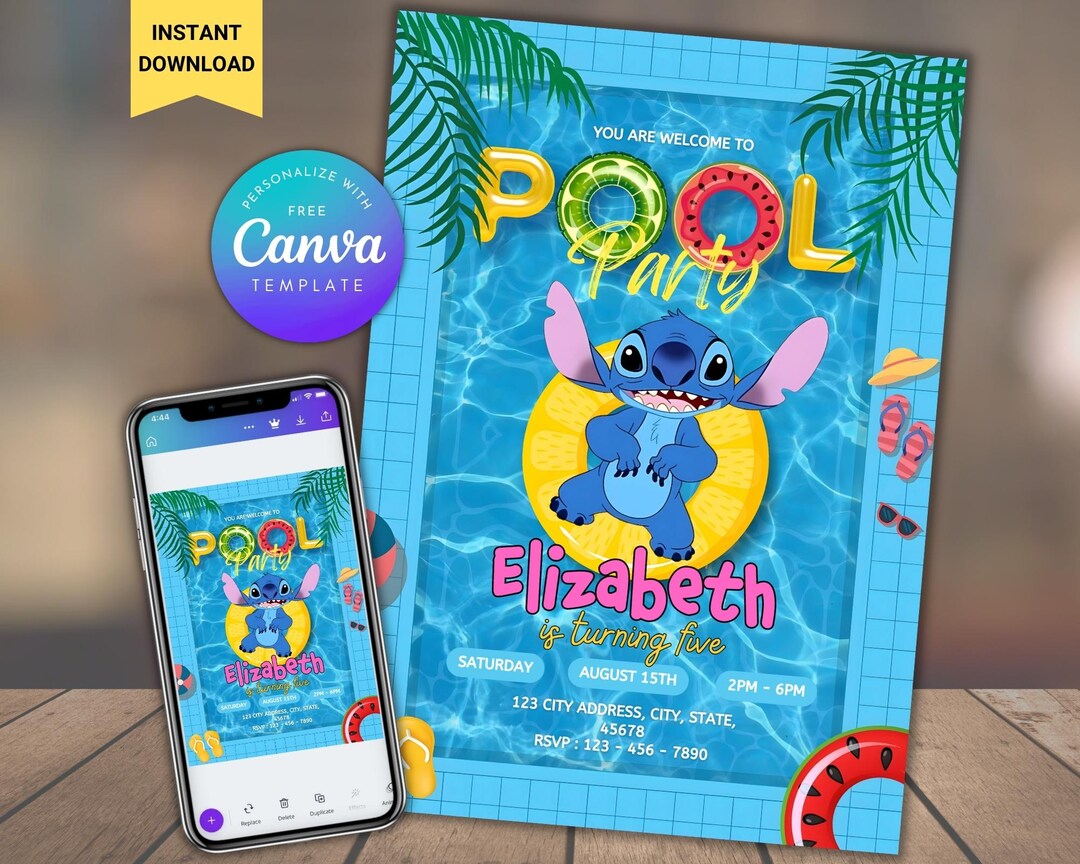 Editable Stitch Pool Party Birthday Invitation Template, Cartoon ...