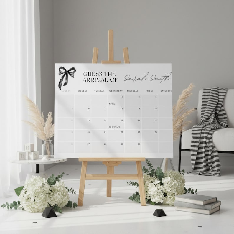 Black Bow Baby Shower Due Date Calendar, Guess the Baby Arrival Game ...