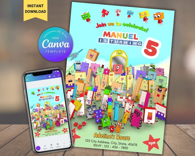 Numberblocks Birthday Invitation Template: Cartoon Bday Evite (digital ...