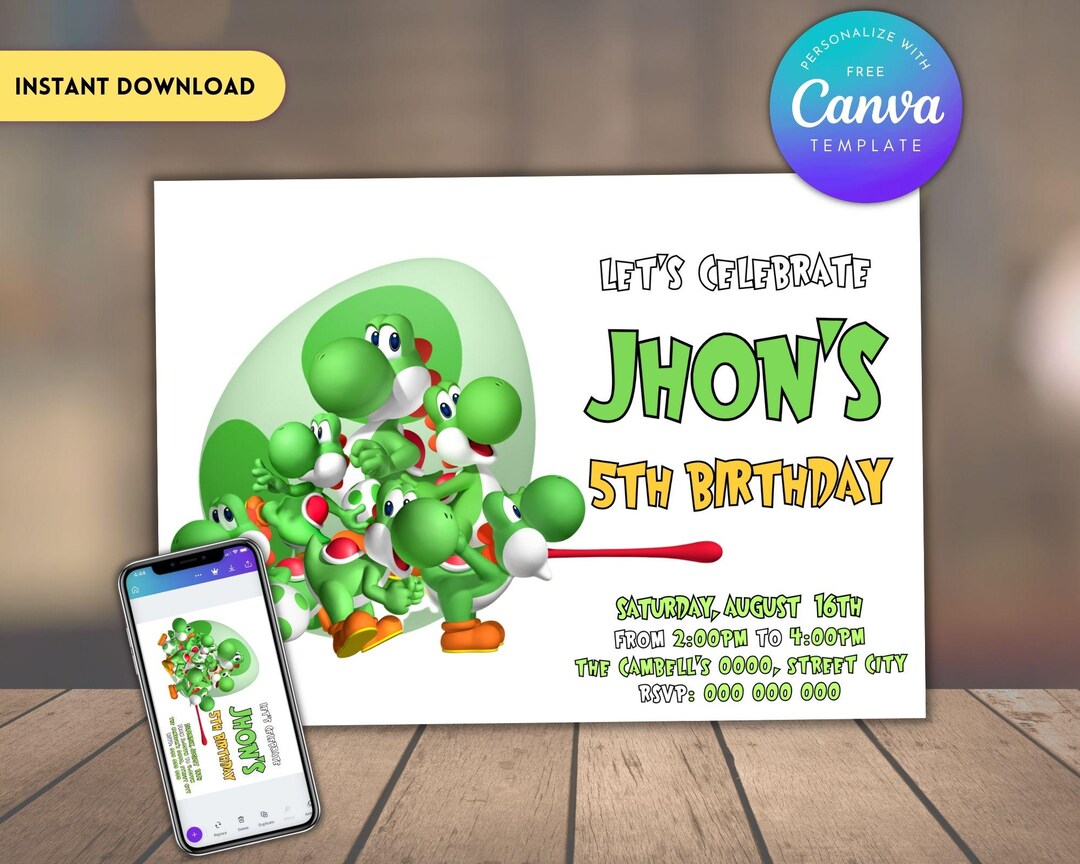 Editable Yoshi Birthday Party Invitation for Girls Yoshi Mario Digital ...