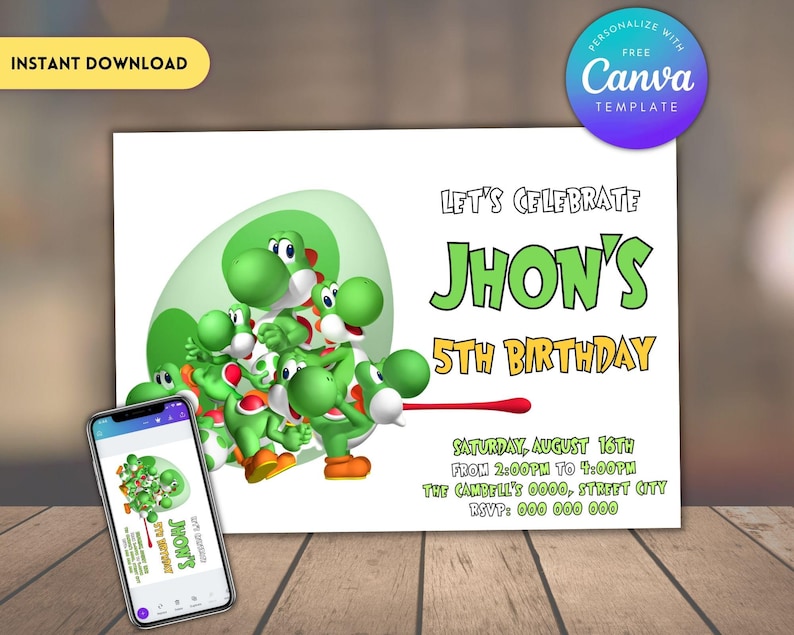 Yoshi Birthday Invitation for Girls: Editable Mario Party (digital ...