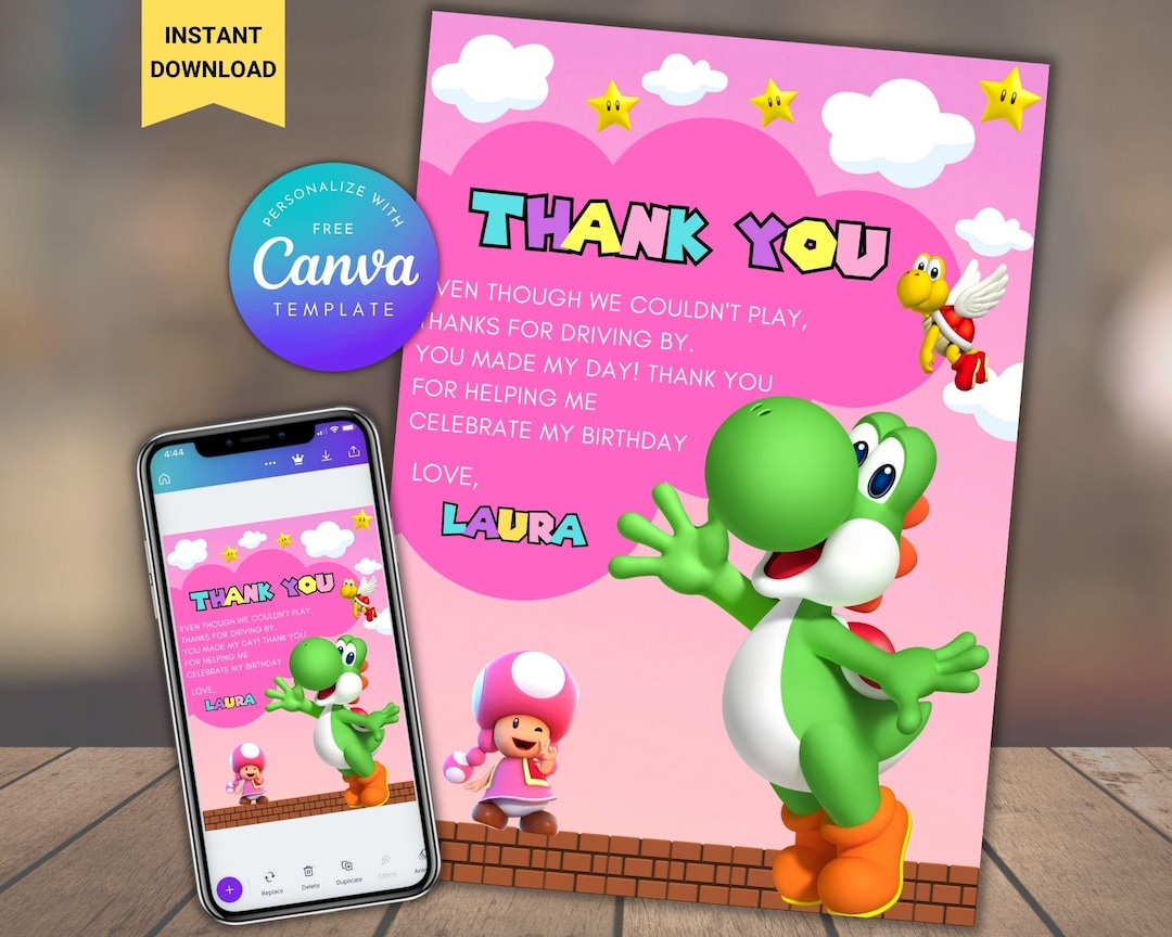 Editable Yoshi Thank You Card for Girls, Yohi Party Card, Yoshi Favor ...