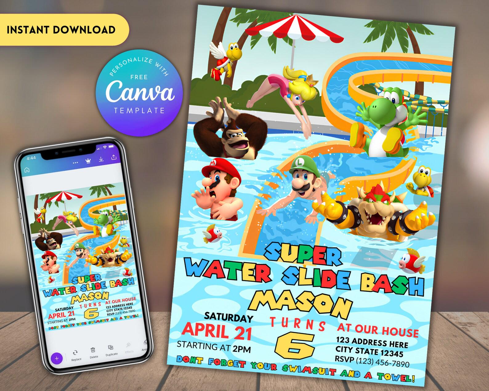 Editable Super Mario Birthday Pool Party Invitation Canva Template ...