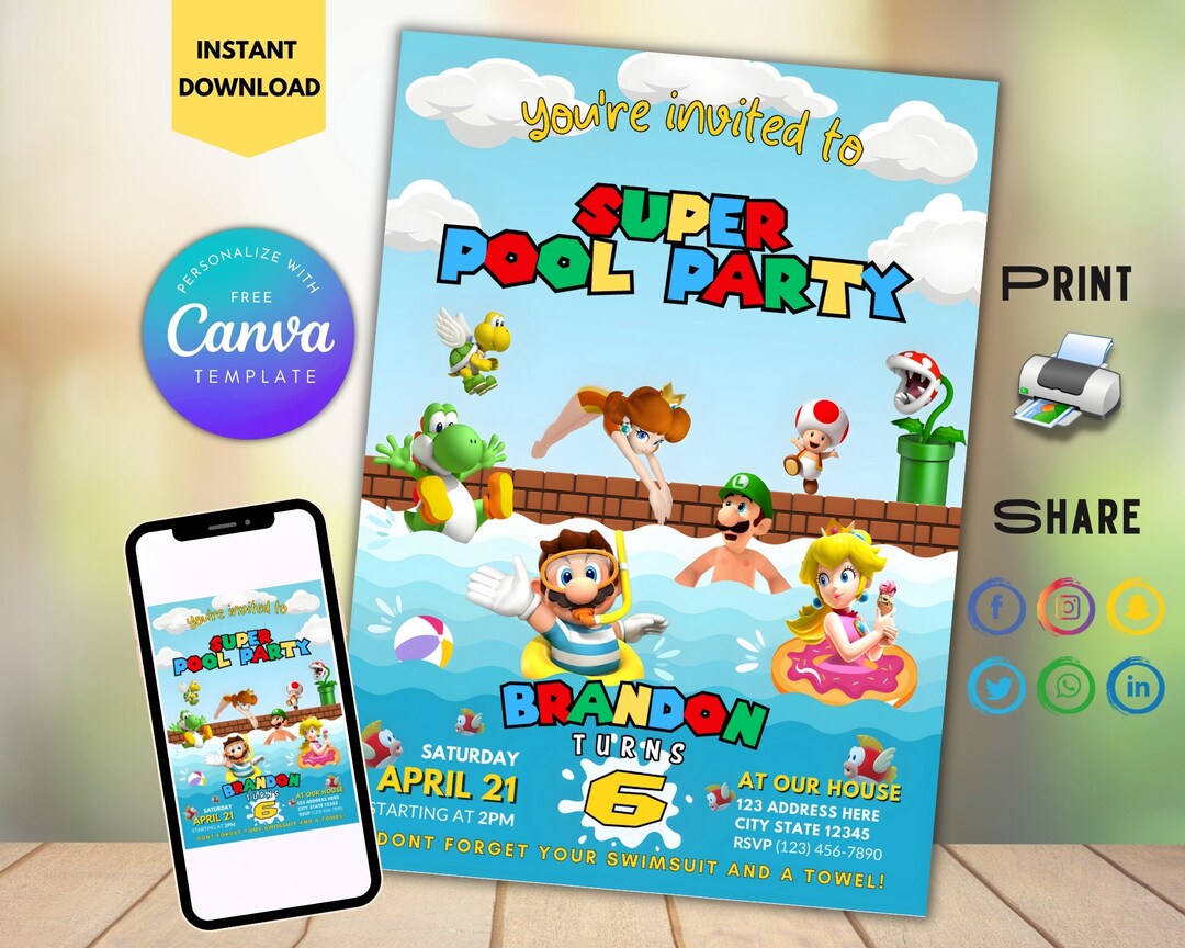 Editable Super Mario Pool Party Birthday Invitation Canva Template ...