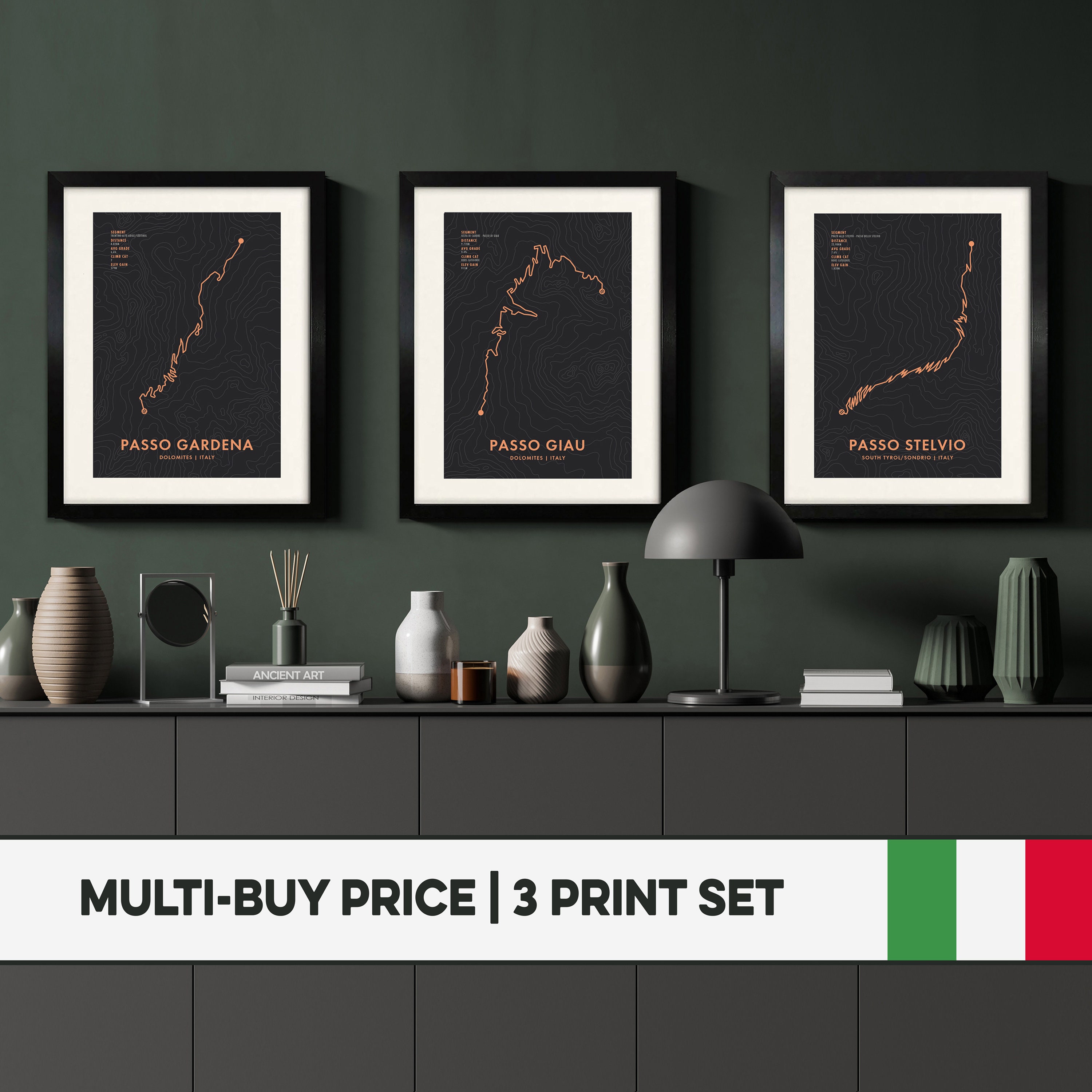 Cycling Route Map Posters - Epic Italian Cycling Climbs Wall Art - SET ...