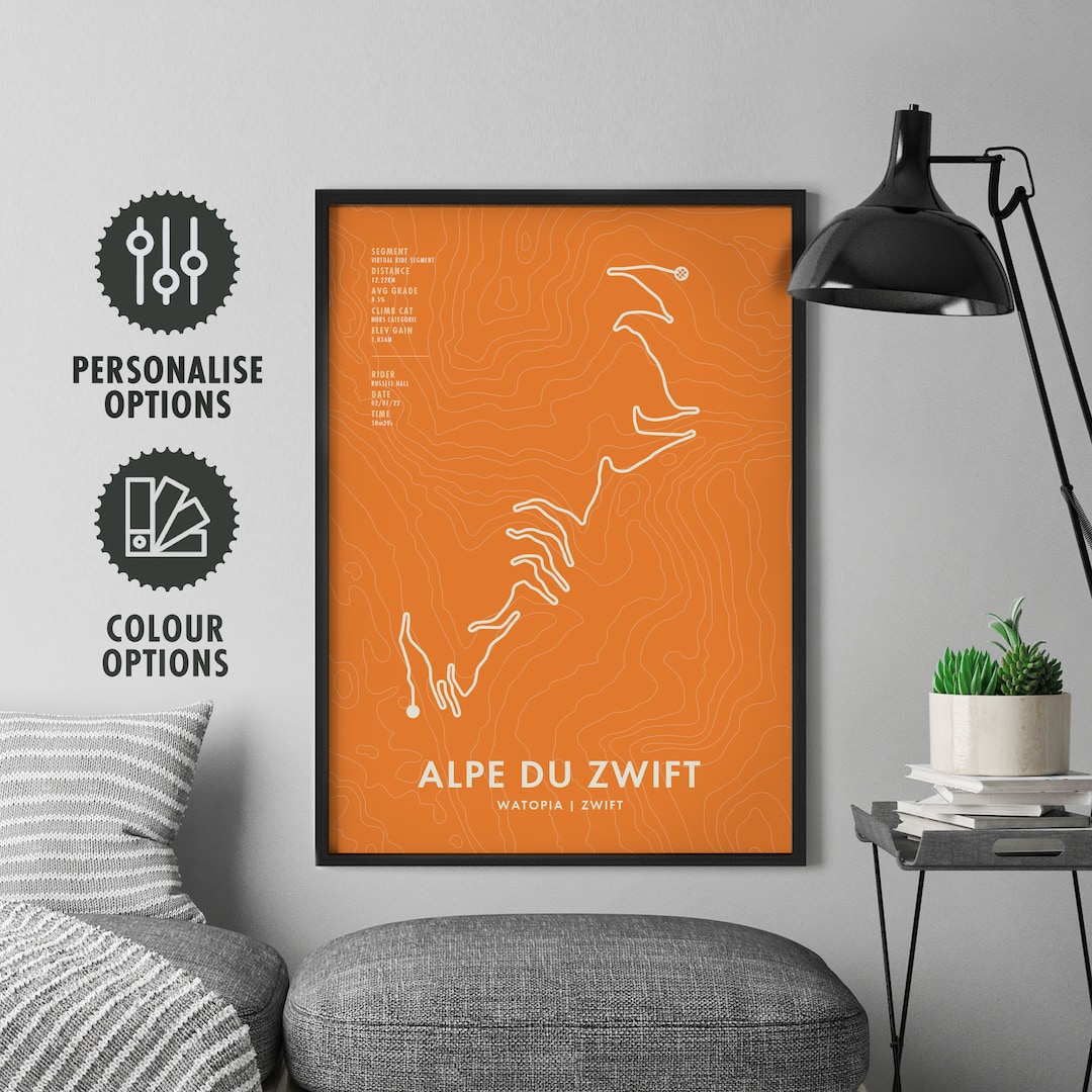 Alpe Du Zwift Cycling Route Map Poster - Personalisation & Colour ...