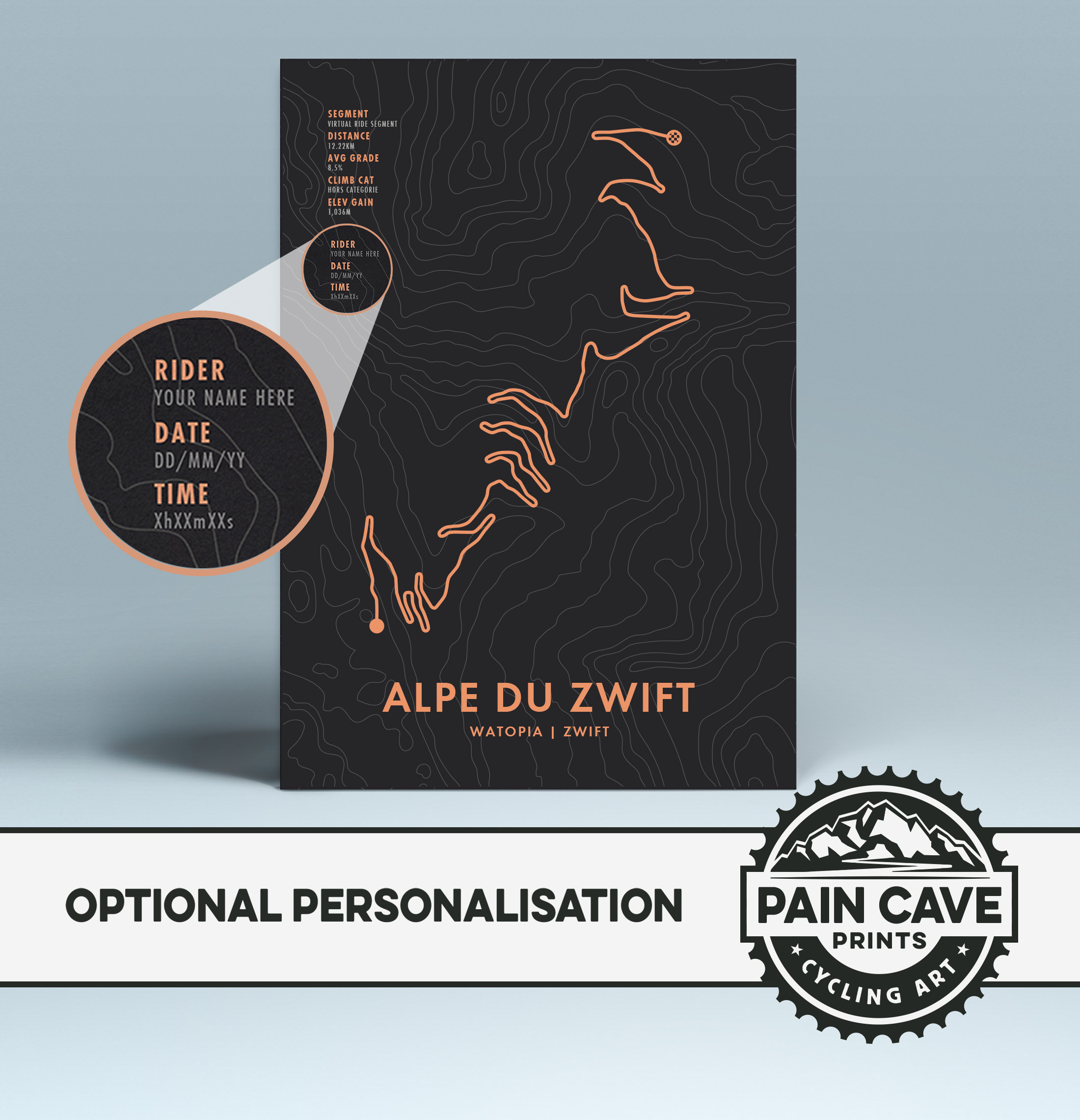 Alpe Du Zwift Cycling Route Map Poster - Personalisation & Colour ...