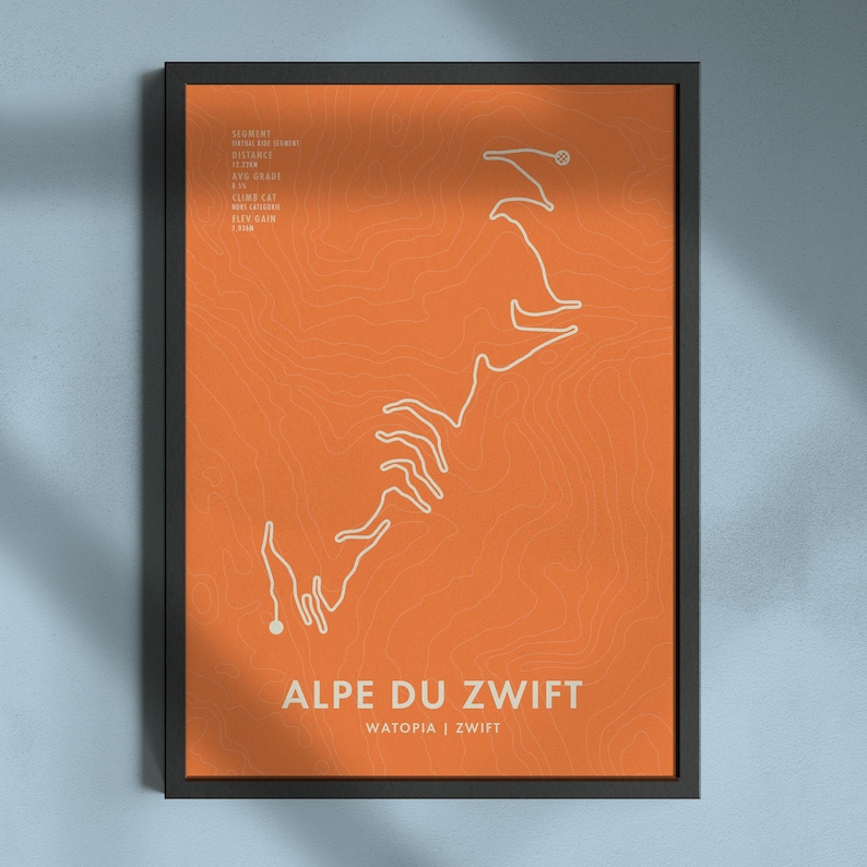 Alpe Du Zwift Cycling Route Map Poster - Personalisation & Colour ...