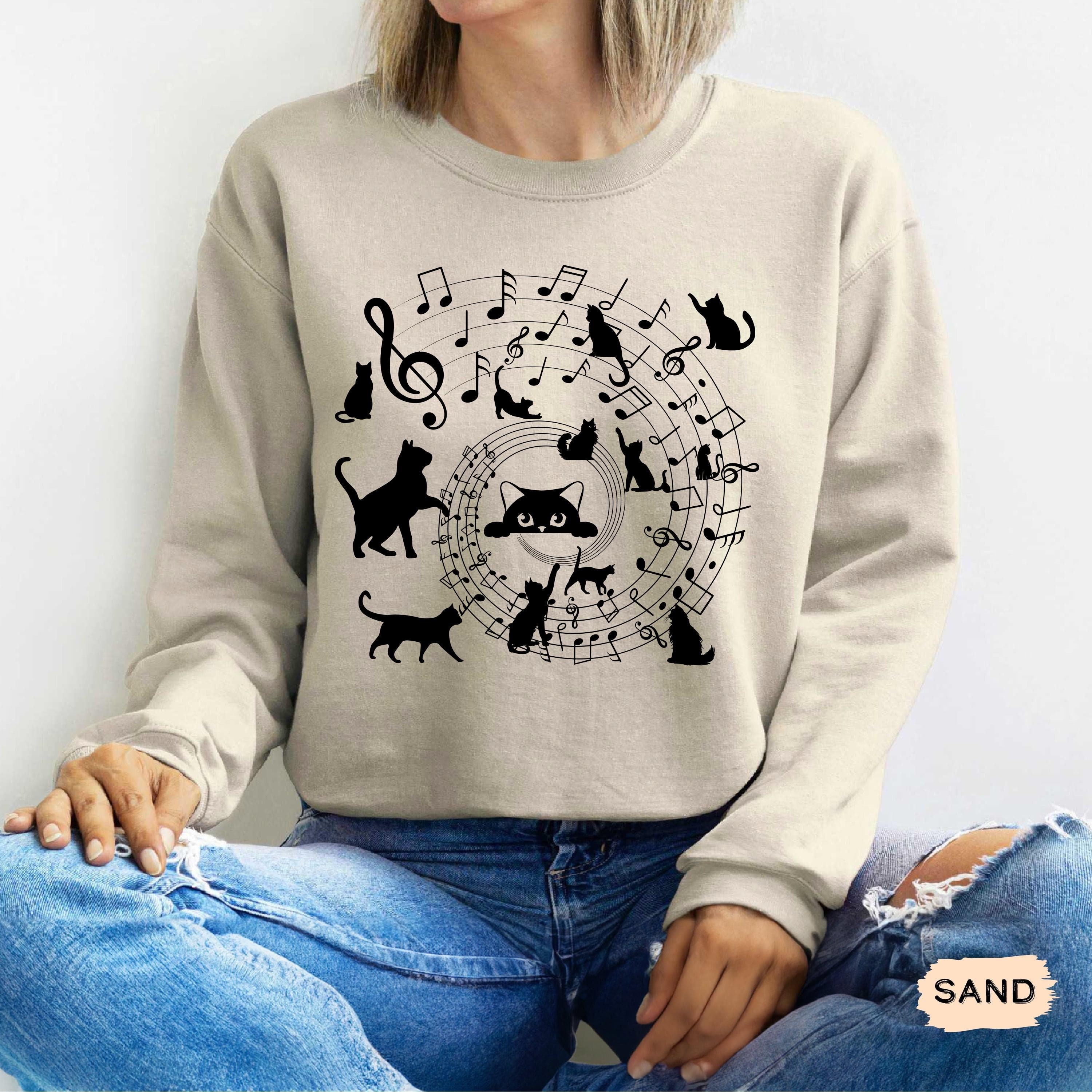 Cat Funny Music Notes Sweatshirt Musician Sweatshirt Music Note Gift ...