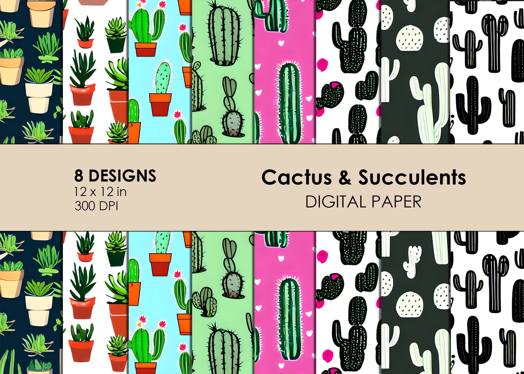 Cactus & Succulent Digital Paper Pack Scrapbook Paper Seamless Pattern ...