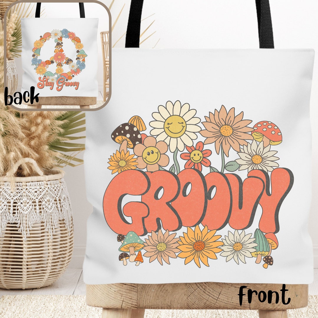 Stay Groovy Tote Bag (AOP), Floral Cottagecore Tote Bag, Retro Groovy ...