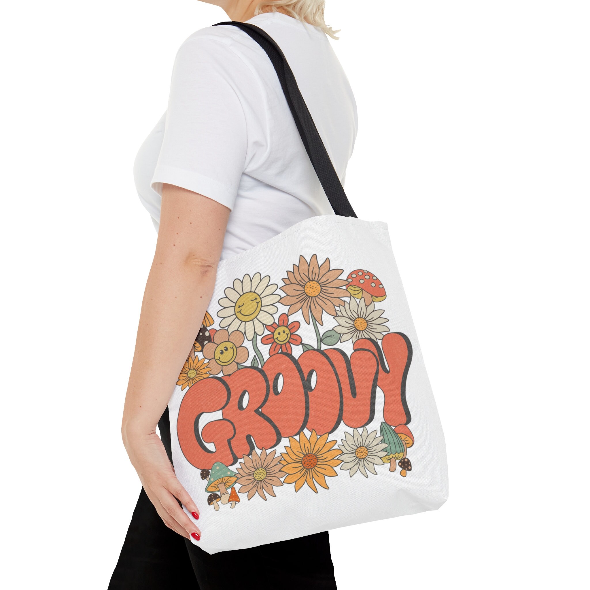 Stay Groovy Tote Bag AOP, Floral Cottagecore Tote Bag, Retro Groovy ...