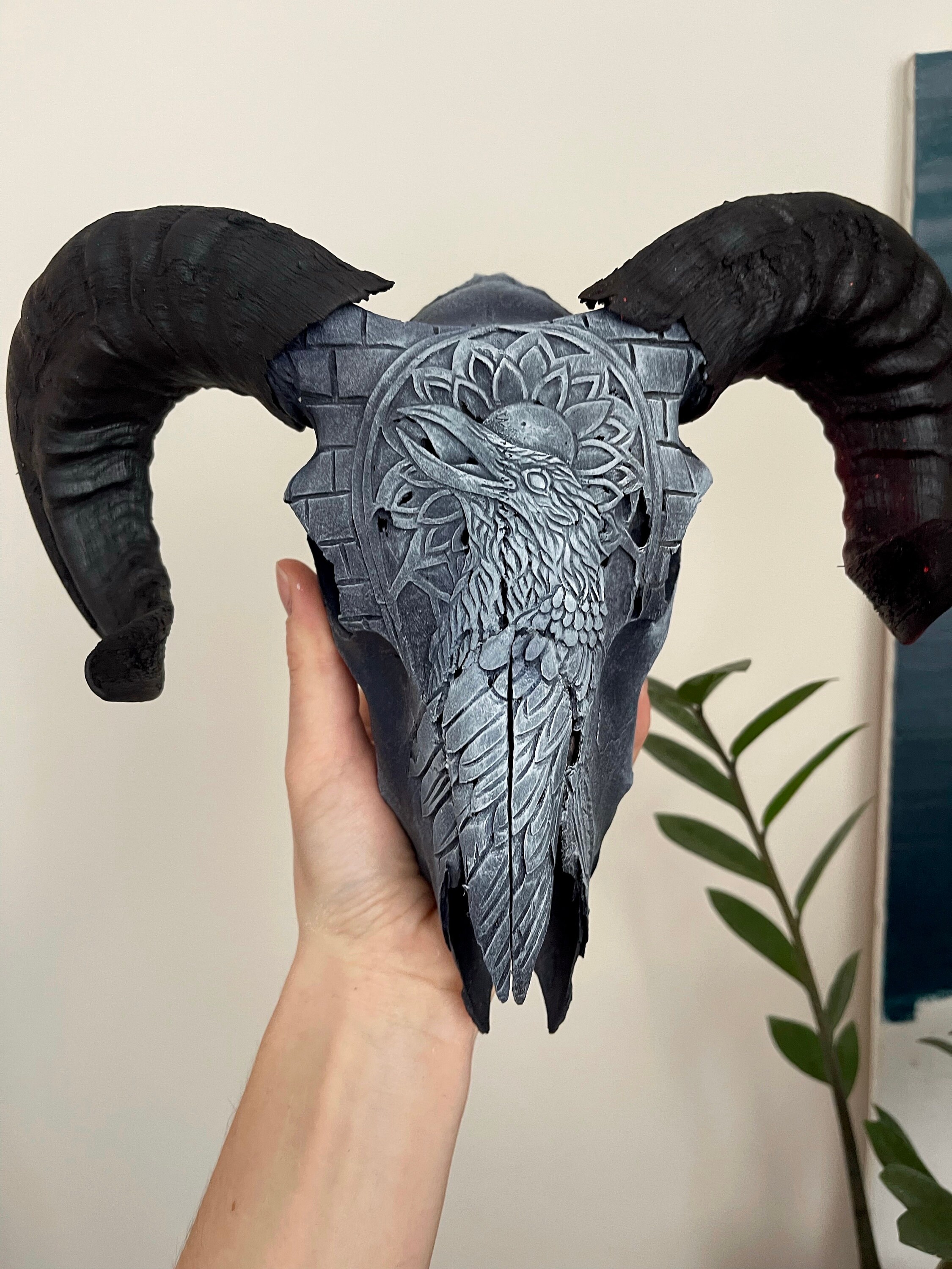 Real Ram Skull With Hand Carving Crow, Oddities, Oddity, Occult, Gothic ...