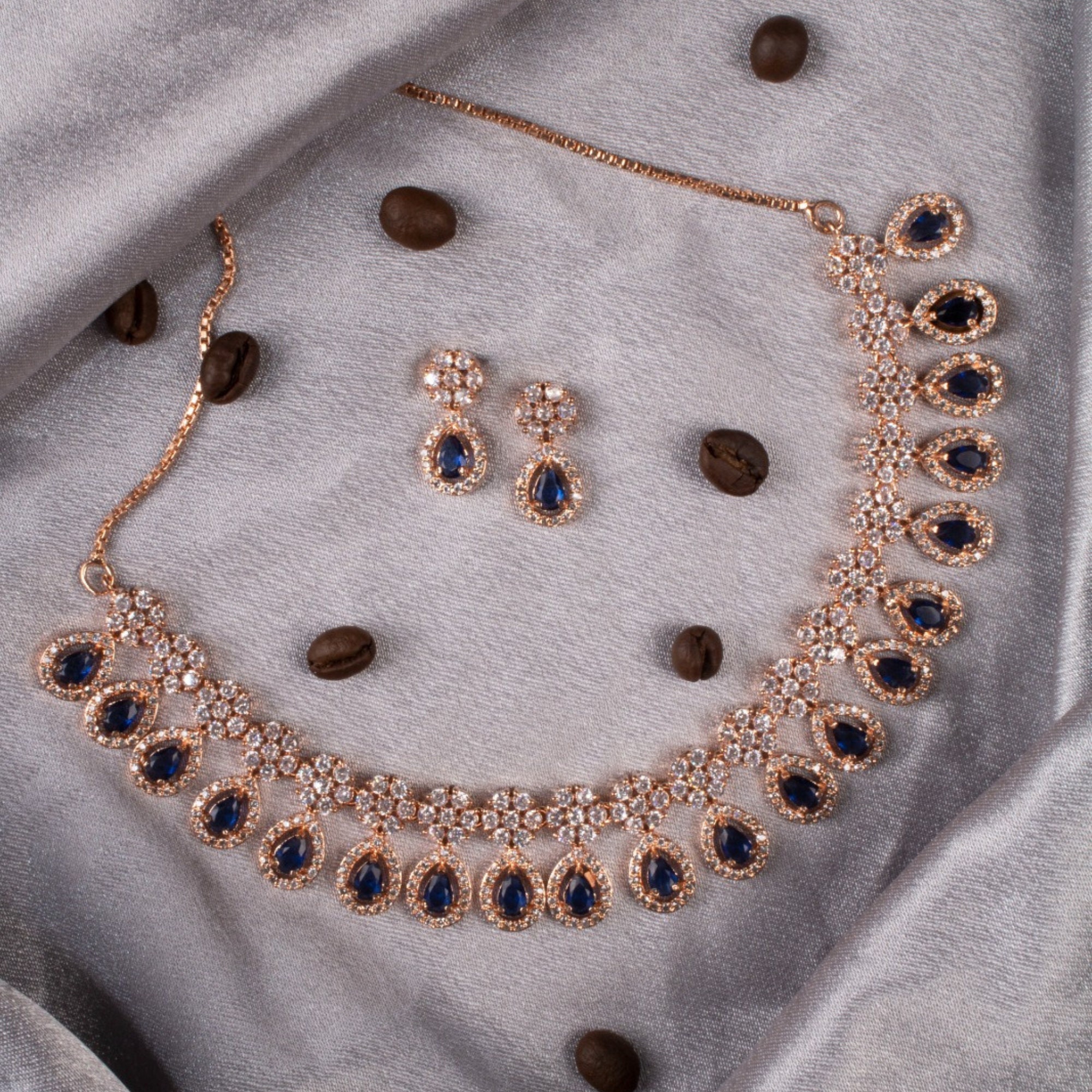 Rose Gold Necklace Set American Diamond Necklace Set in Silver Emerald ...