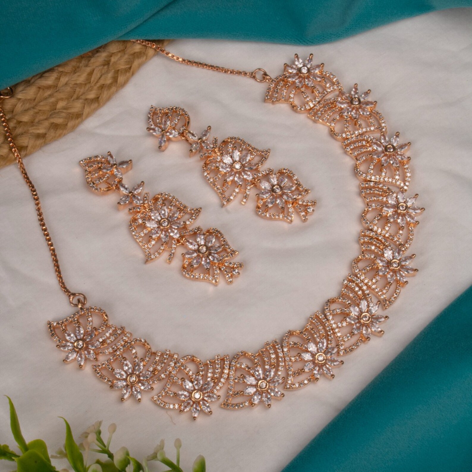 Rose Gold Necklace Set American Diamond Necklace Set in Silver Emerald ...