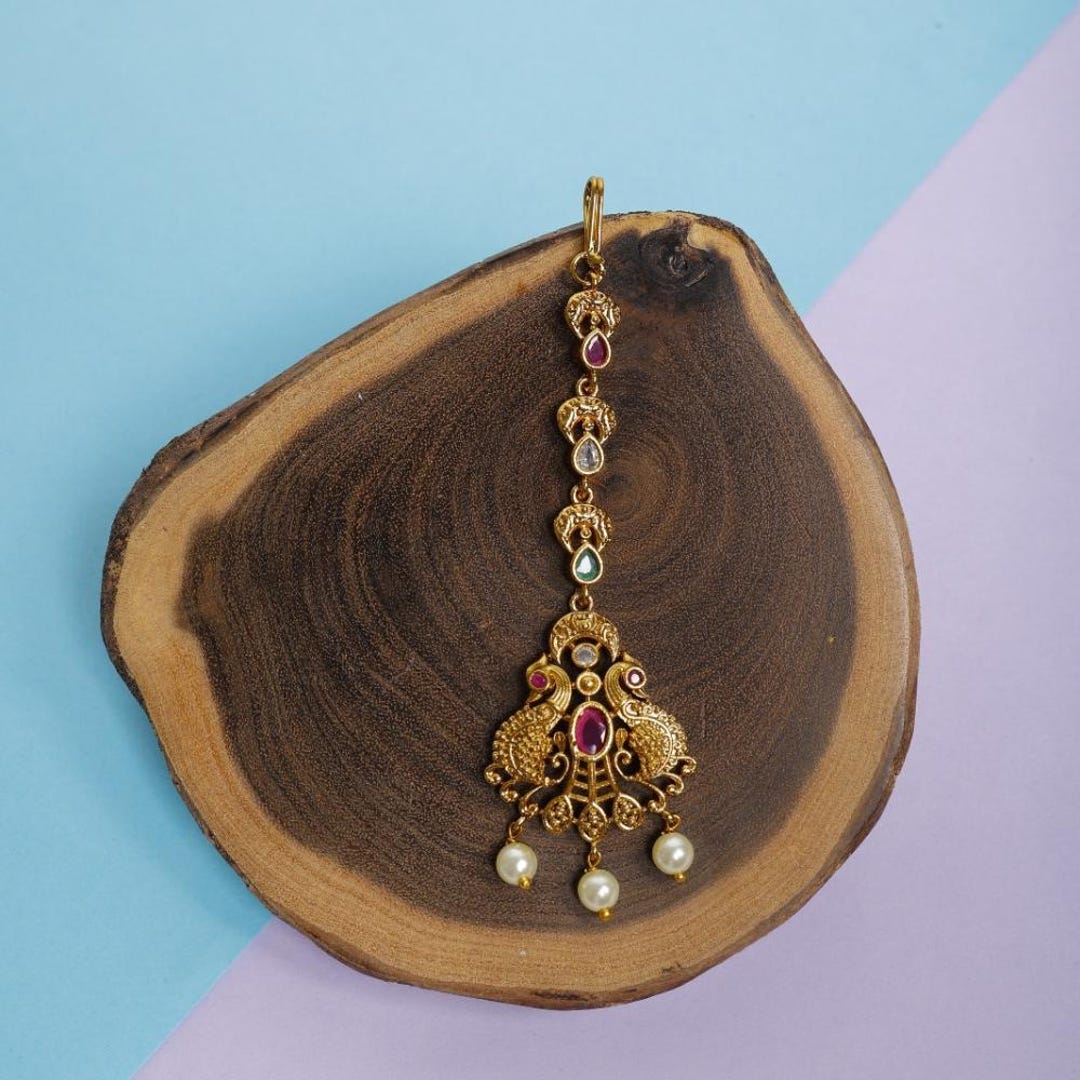 Antique Gold Plated Maang Tikka With Cubic Zirconia CZ | Temple Jewelry ...