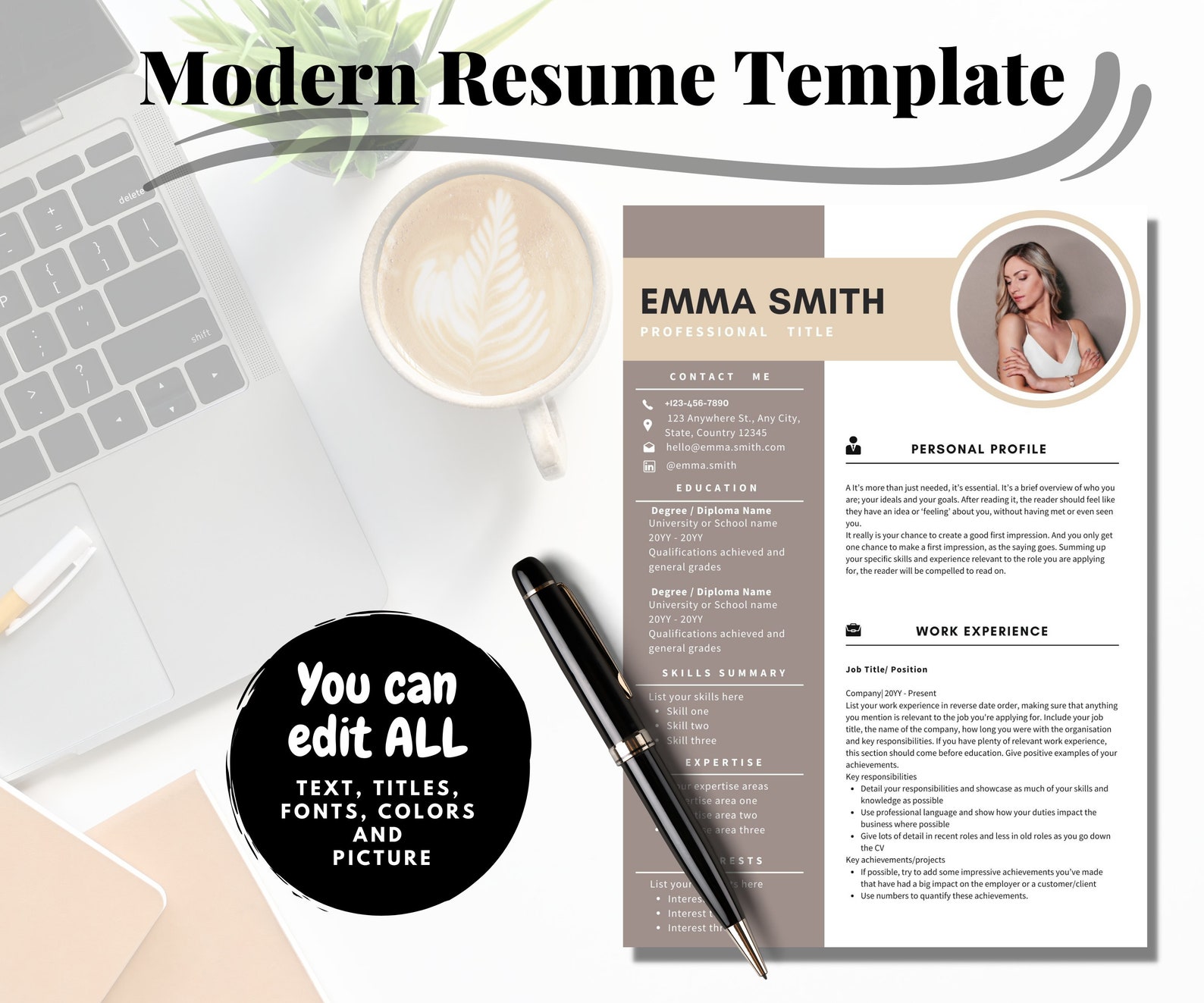 Modern Resume Template With Photo, CV Template With Picture ...