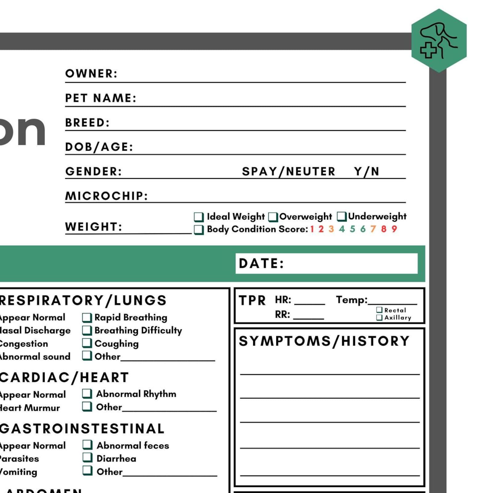 New! Expanded Physical Exam Form With More Sections | Veterinary ...